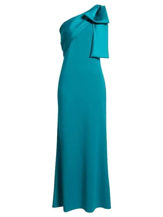 Betsy & Adam Bow One-shoulder Crepe Mermaid Gown - Teal