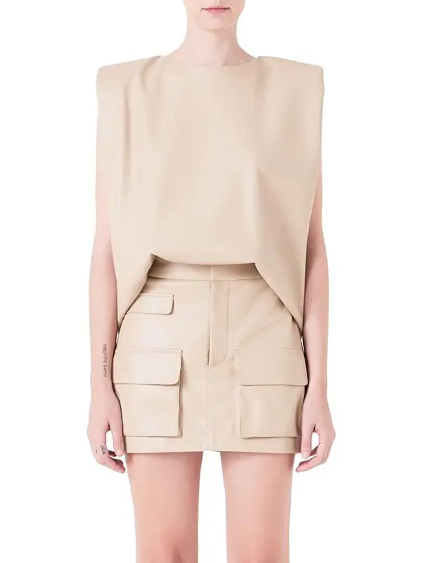 GREY LAB Faux Leather Blouson Top - Taupe