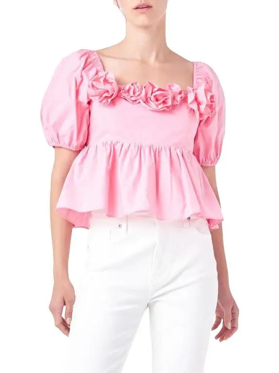 English Factory Corsage Detail Cotton Poplin Top - Pink