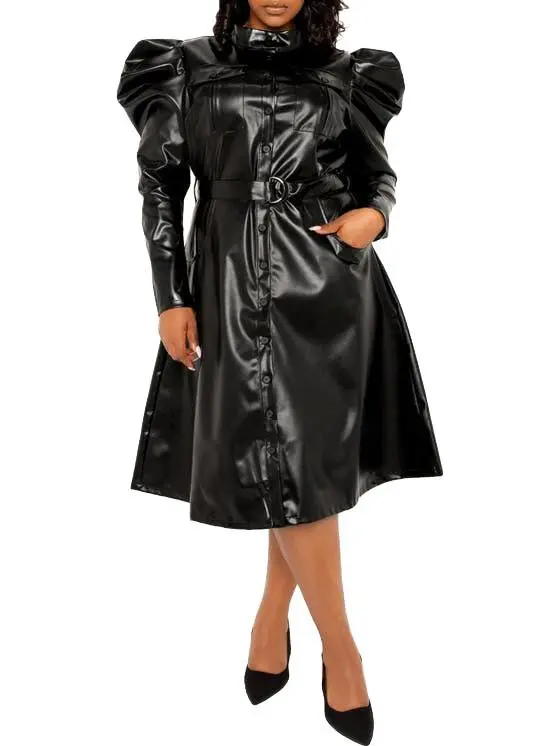 BUXOM COUTURE Puff Shoulder Faux Leather Shirtdress - Black