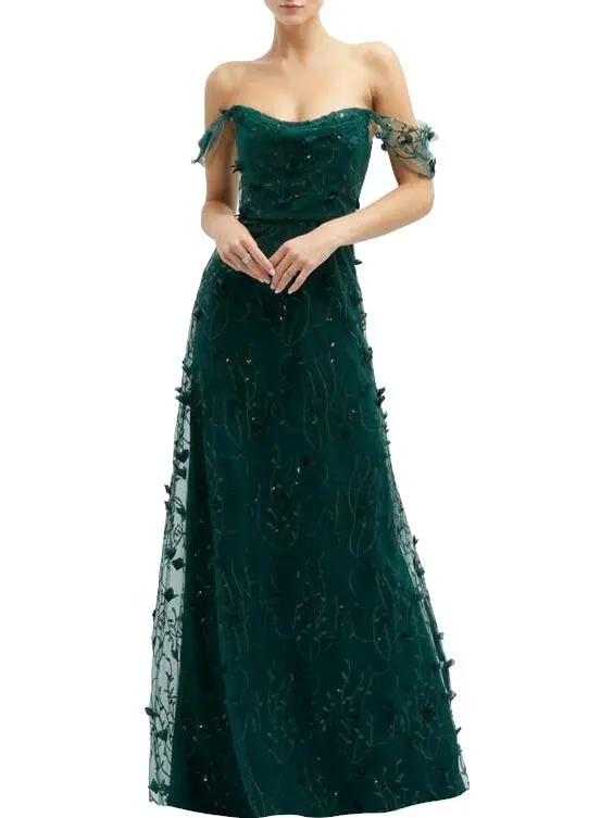 Dessy Collection 3d Embroidered Off-the-shoulder Gown - Evergreen