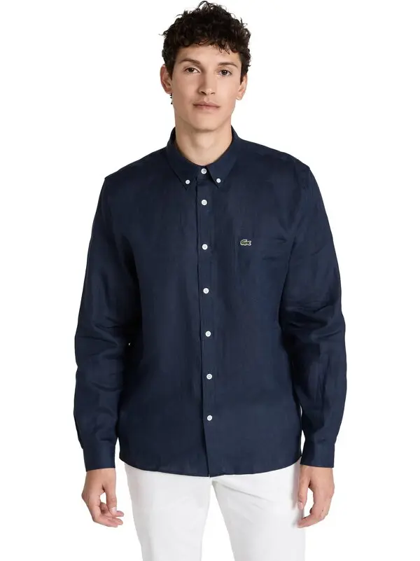 Lacoste Regular Fit Linen Casual Button Down Shirt - Navy Blue