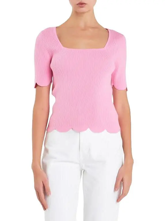 English Factory Scallop Hem Ribbed Sweater - Pink