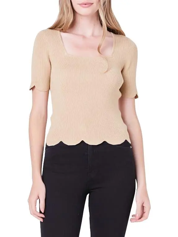 English Factory Scallop Hem Ribbed Sweater - Taupe
