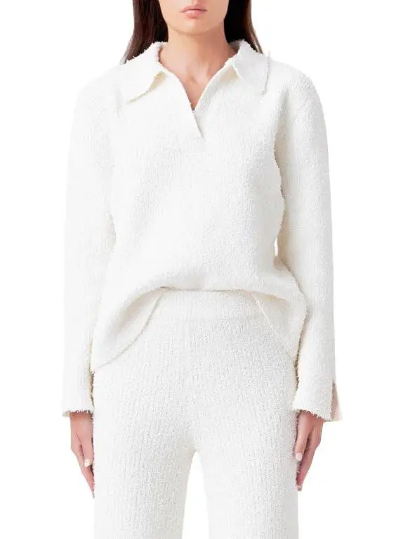 Endless Rose Textured Fuzzy Collared Sweater - Cream
