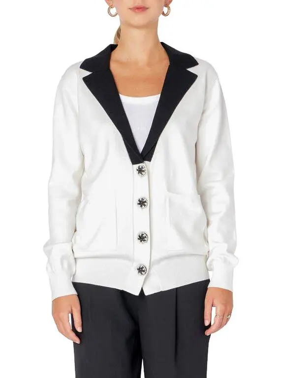 Endless Rose Jewel Button Blazer Cardigan - Ivory/black