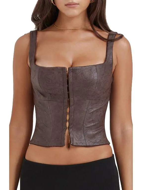 House Of Cb Faux Leather Crop Corset Tank - Brown Leather