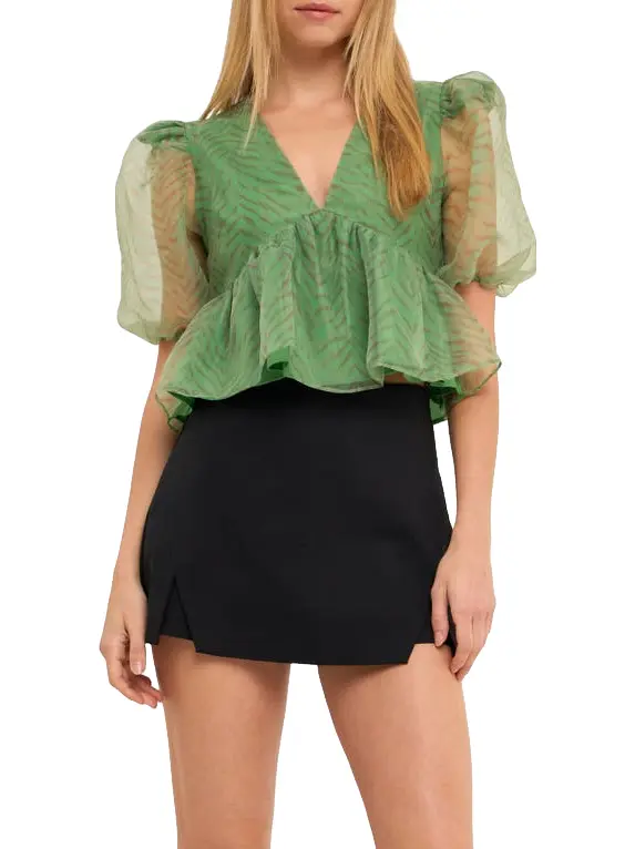 Endless Rose Zebra Print Puff Sleeve Top - Green Multi