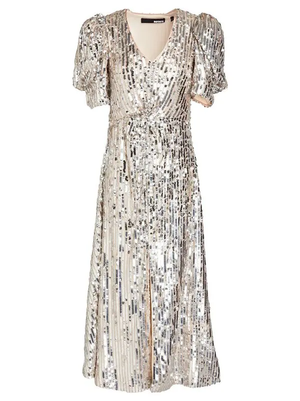 ROTATE BY BIRGER CHRISTENSEN Sequined Mesh Midi Dress - Silver