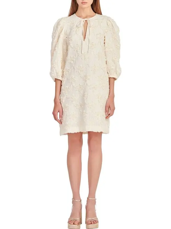 English Factory Ribbon Embroidered Tie Neck Dress - Ivory
