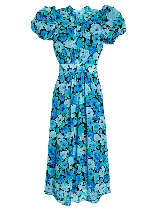 Remain Birger Christensen Shirred Floral-print Chiffon Midi Dress - Azure