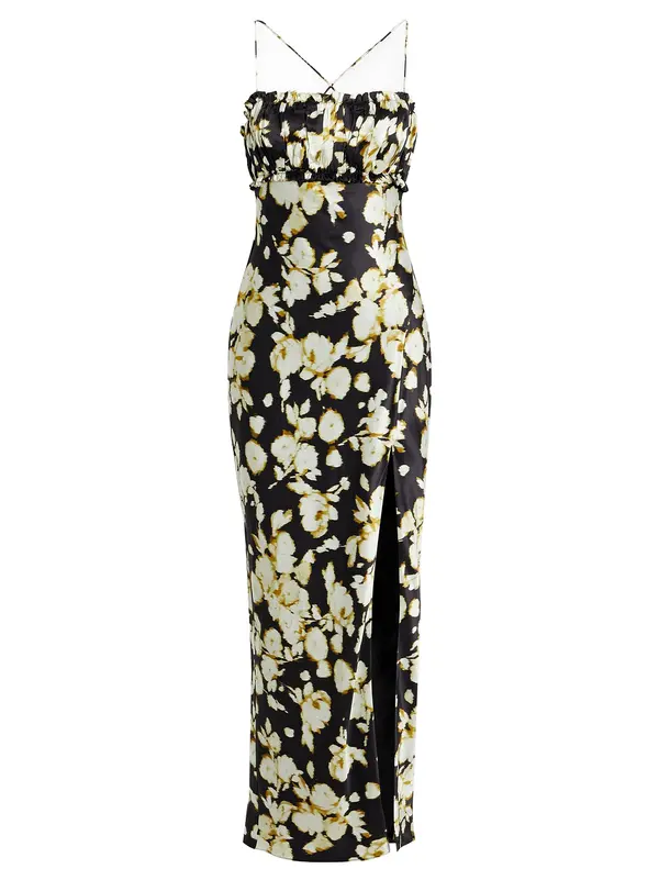 NICHOLAS Ruched Floral-print Silk-satin Maxi Dress - Black