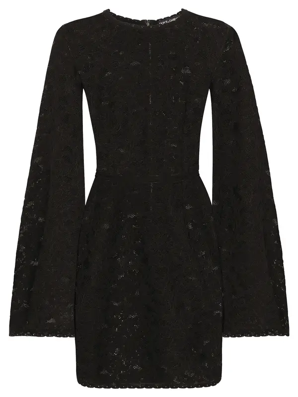 Dolce & Gabbana Short Lace-stitch Dress With Full Sleeves - Black