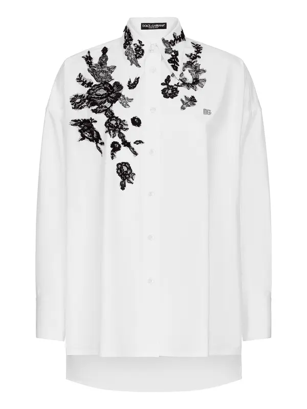 Dolce & Gabbana Oversized Cotton Shirt With Lace Appliqués - White