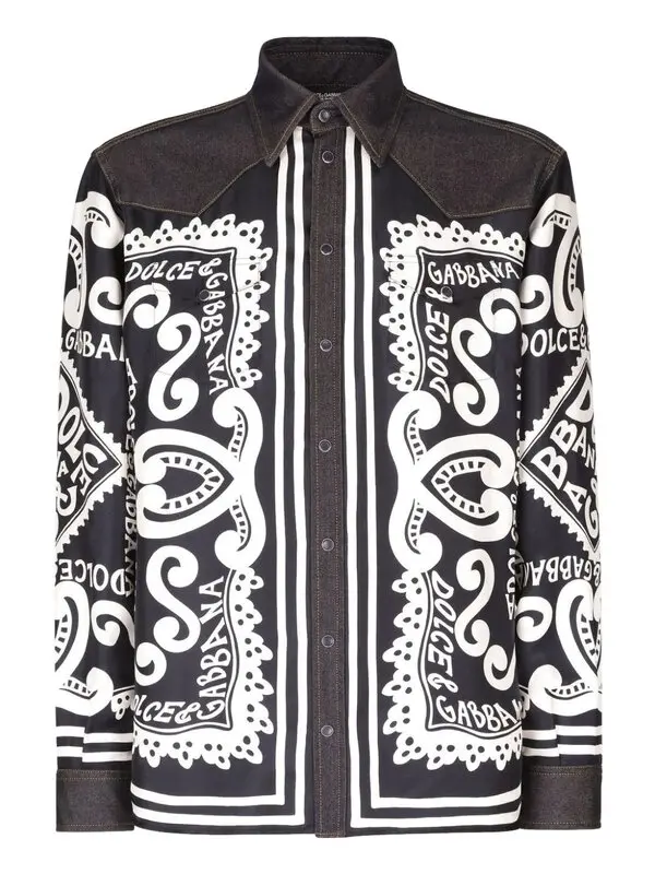 Dolce & Gabbana Graphic-print Denim-trim Shirt - Black