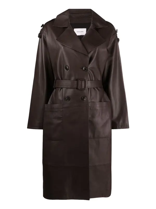YVES SALOMON Double-breasted Leather Trench Coat - Brown