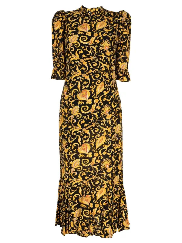 Rhode Felix Baroque-print Midi Dress - Yellow