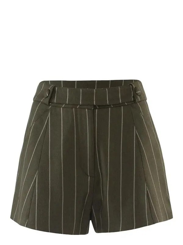 LA SEMAINE Pinstriped Pleated Shorts - Military Green And Cream Pinstripe
