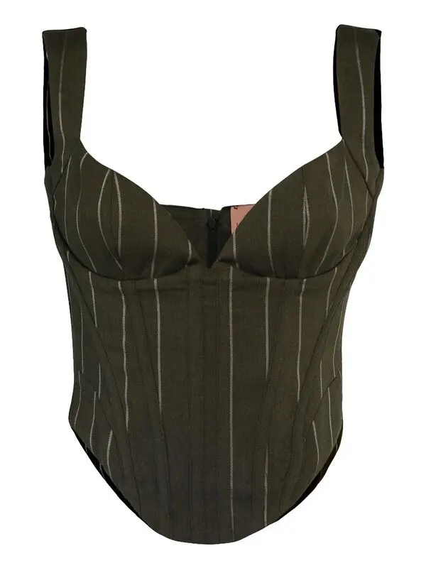LA SEMAINE Corset Top - Military Green And Cream Pinstripe
