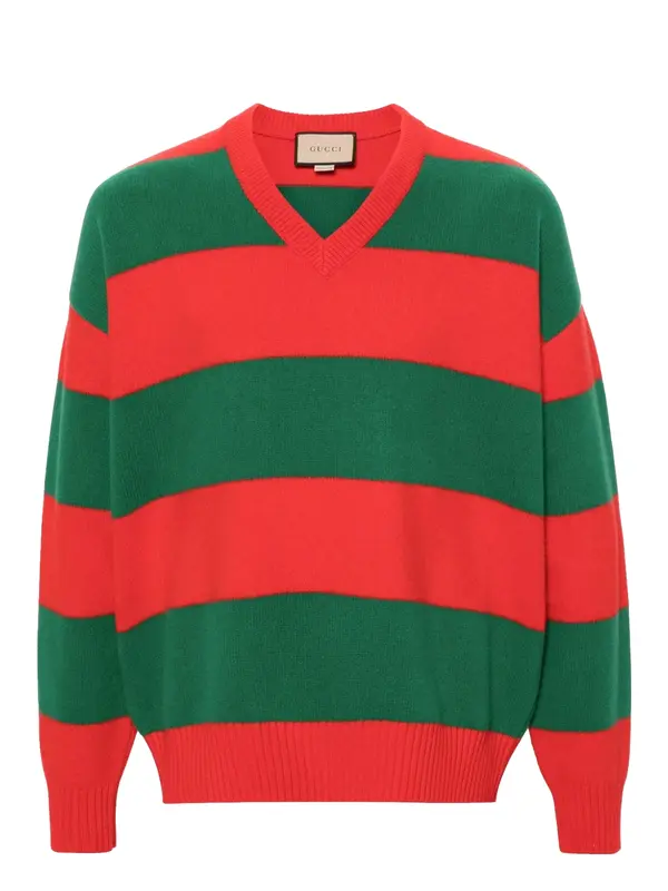Gucci Striped V-neck Felted Jumper - Red