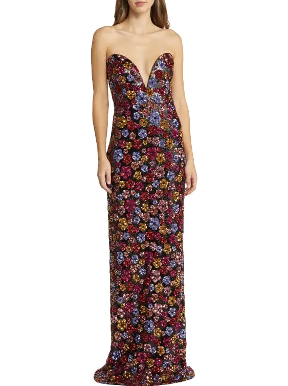Marchesa Sequin Bouquets Strapless Column Gown - Black Multi