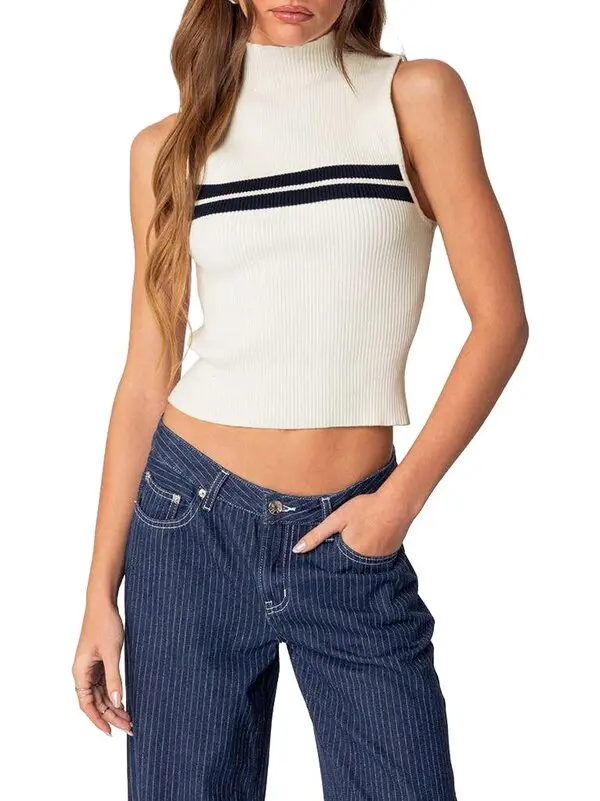 EDIKTED Eliza Ribbed Crop Sleeveless Sweater - White