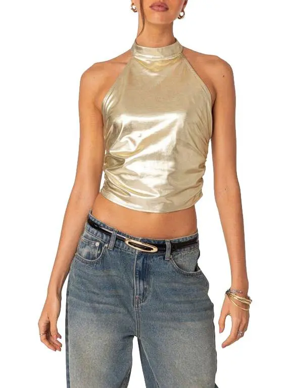 EDIKTED Karter Metallic Halter Neck Crop Top - Gold