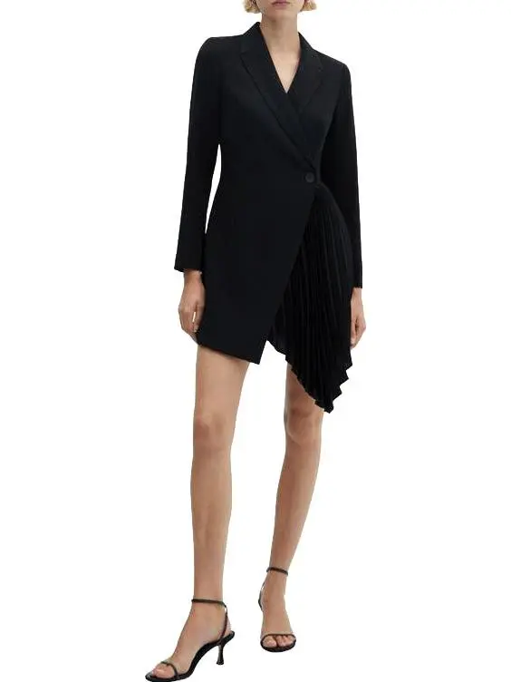 Mango Pleated Asymmetric Long Sleeve Blazer Dress - Black