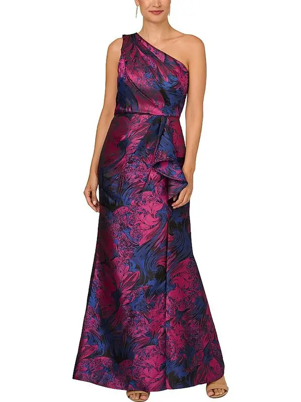 Adrianna Papell One Shoulder Jacquard Gown - Navy Orchid