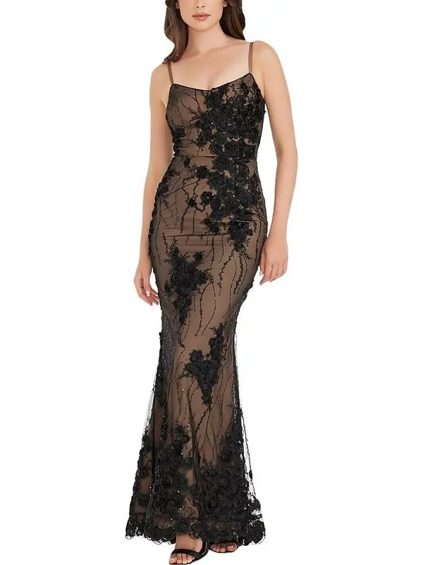 Dress The Population Giovanna Floral Applique Gown - Black/nude
