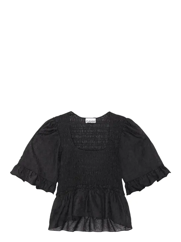 GANNI Crinkled Georgette Smock Blouse - Black