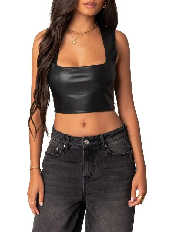 EDIKTED Faux Leather Crop Top - Black