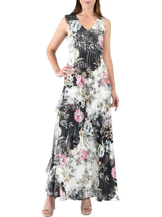 Komarov Floral Ruffle Sleeveless Chiffon & Charmeuse Gown - Daisy Vine