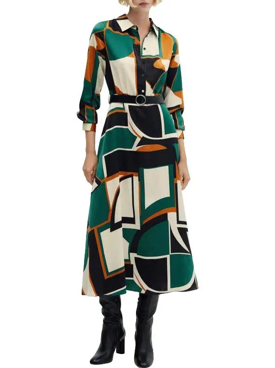 Mango Geo Print Long Sleeve Midi Shirtdress - Green