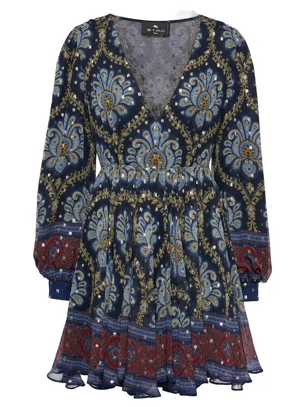 Etro Balloon-sleeve Silk Jacquard Minidress - Blue