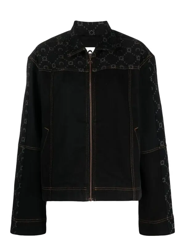 MARINE SERRE Crescent Moon Print Zip-up Denim Jacket - Black