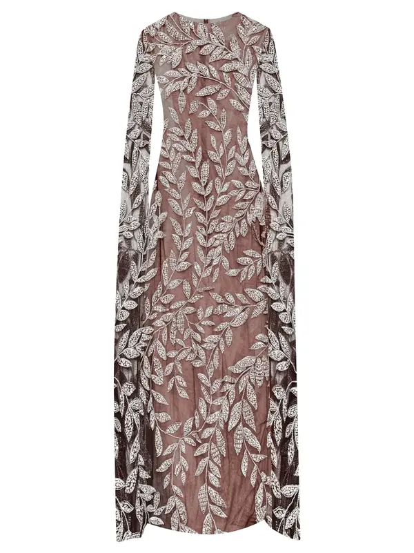 Oscar De La Renta Crystal-embellished Long-sleeve Maxi Dress - Neutrals