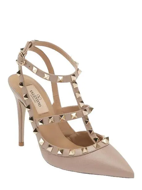 Valentino Garavani Rockstud T-strap Pointed Toe Pump - Poudre