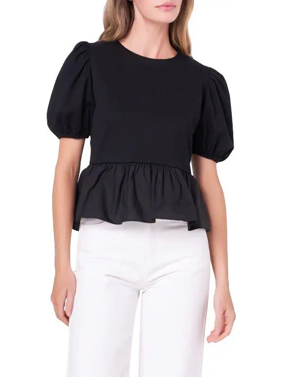 English Factory Mixed Media Peplum Top - Black