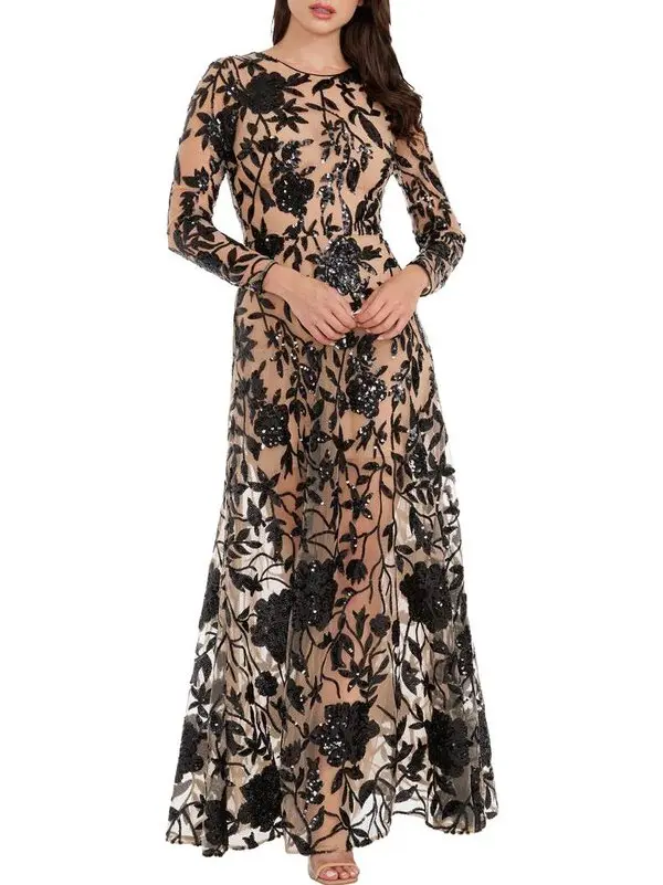 Dress The Population Ava Sequin Embroidered Gown - Black- Beige