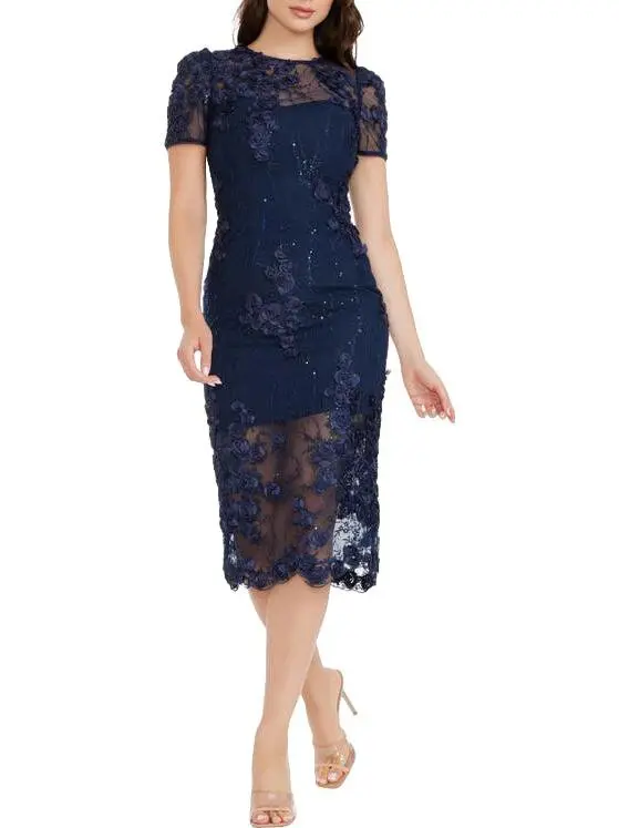 Dress The Population Lia Sequin & Flower Appliqué Sheath Dress - Navy