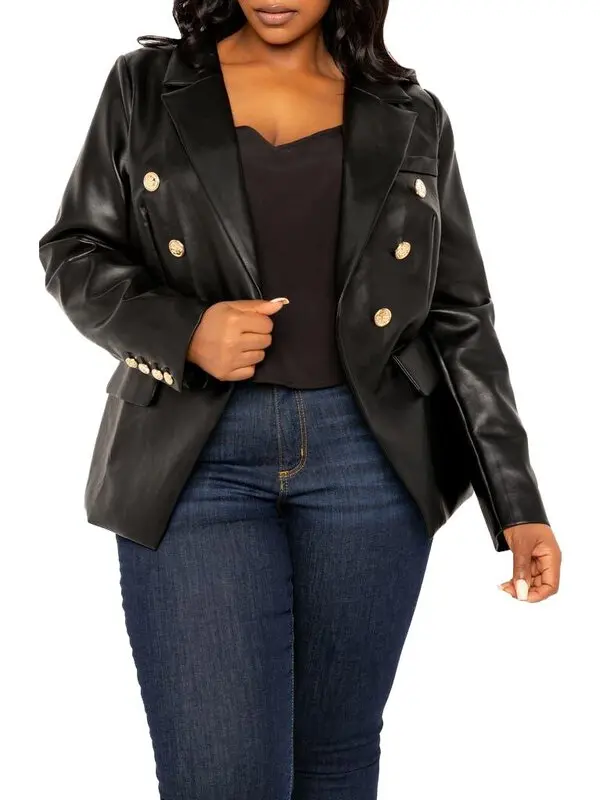 BUXOM COUTURE Faux Leather Double Breasted Blazer - Black