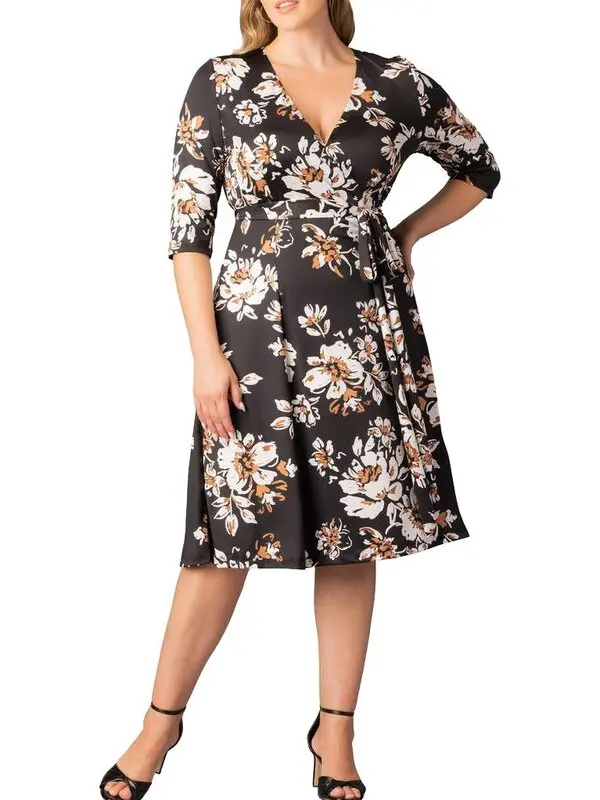 KIYONNA Signature A-line Wrap Dress - Black Scattered Blooms