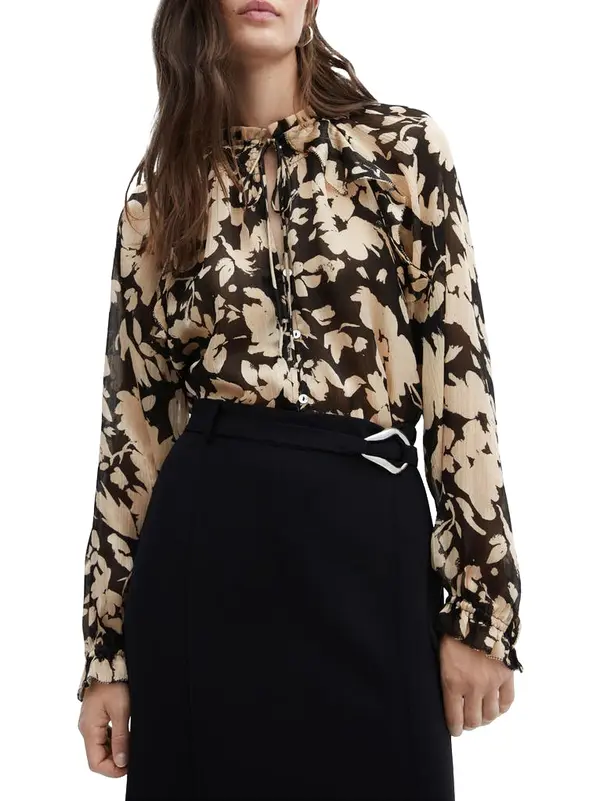 Mango Flowy Floral Tie-neck Blouse - Light Beige