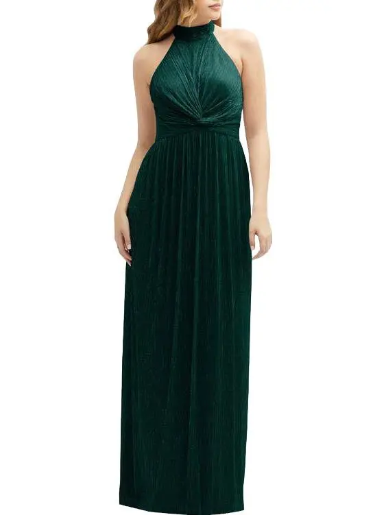 After Six Metallic Pleated Halter Gown - Evergreen Metallic