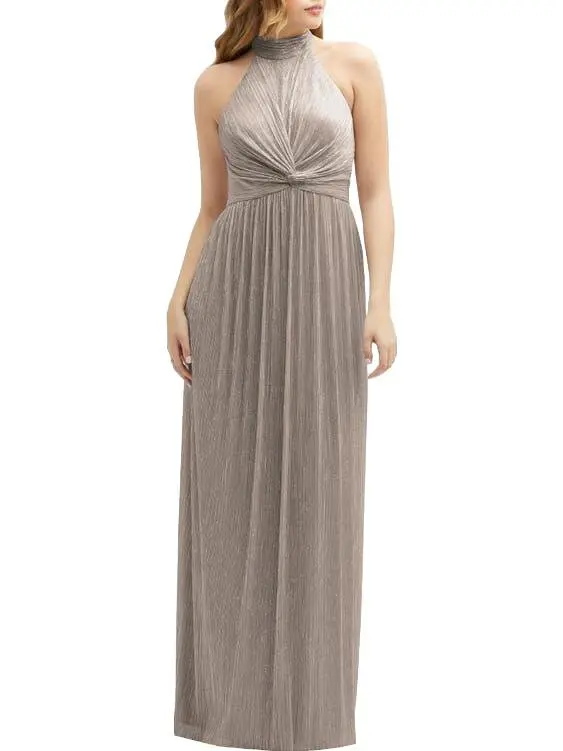 After Six Metallic Pleated Halter Gown - Taupe Metallic