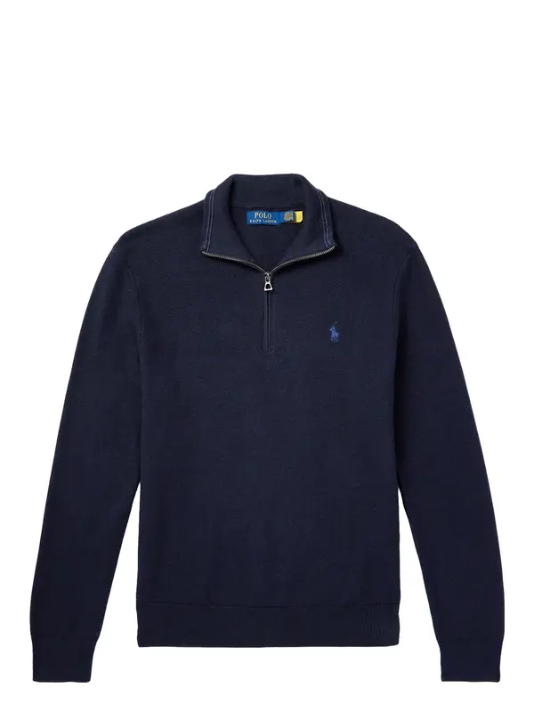 Ralph Lauren Logo-embroidered Honeycomb-knit Cotton Half-zip Sweater - Blue