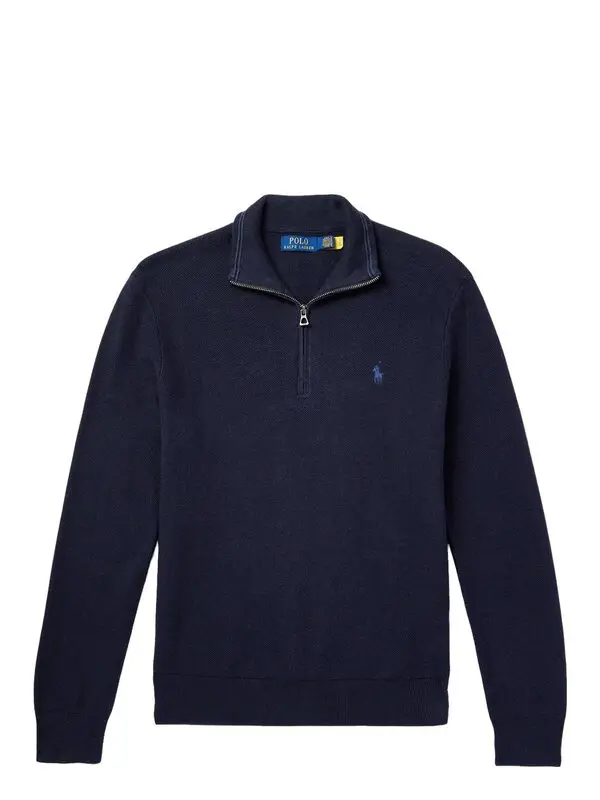 Polo Ralph Lauren Logo-embroidered Honeycomb-knit Cotton Half-zip Sweater - Blue