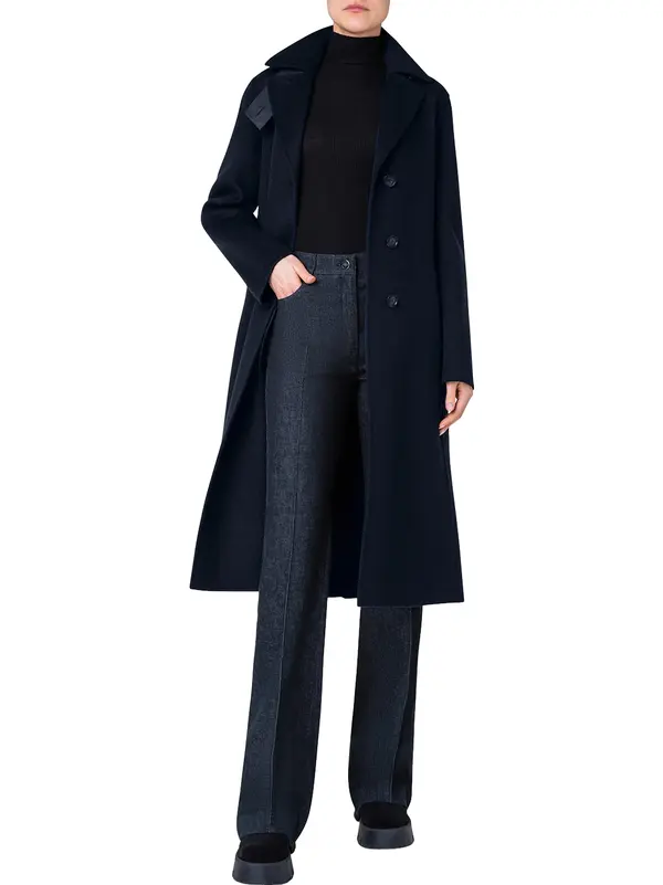 Akris Double Face Cashmere Coat With Leather Collar - Navy