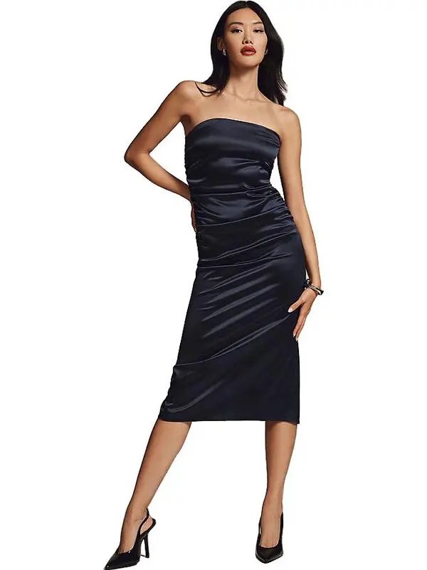 Bhldn Selena Strapless Stretch Satin Midi Dress - Navy